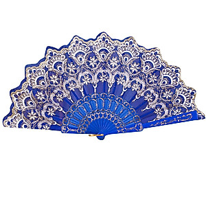 DUO ER Chinese/Spanish Style Dance Wedding Party Lace Silk Folding Hand Held Flower Fan (Color : Blue)