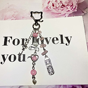 Cute aesthetic Y2k Keychains For Kid Teens Girl Women Beads crystal Heart Kawaii Key Chains (Pink)
