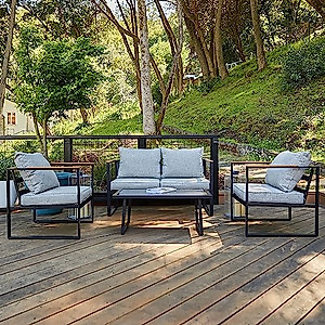 EAST OAK Courtyard Patio Furniture Set, 4-Piece Outdoor Patio Set with Sofa, Removable & Washable Deep Seating Cushion, Tempered Glass Table, Outside Patio Conversation Sets, Black & Grey