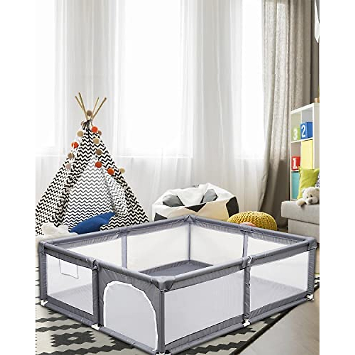 PlayPen for Babies and Toddlers-Aukivon 71"x59" Extra Large Baby Playpen with Storage Bag Baby Playard with Door, 2 Pull Rings & 50 Ocean Balls for Kids for Indoor & Outdoor, Anti-Collision, Grey