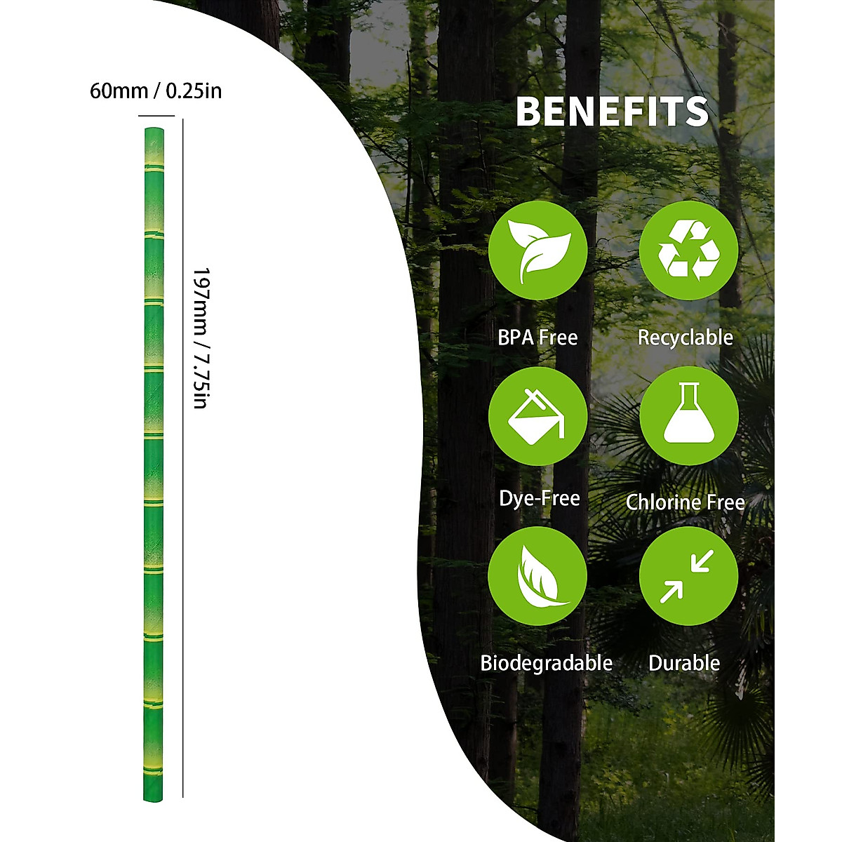 Green Bamboo Paper Straws, 100 Pieces Bamboo Printed Disposable Biodegradable Paper Drinking Straws for Cocktail, Party Decoration