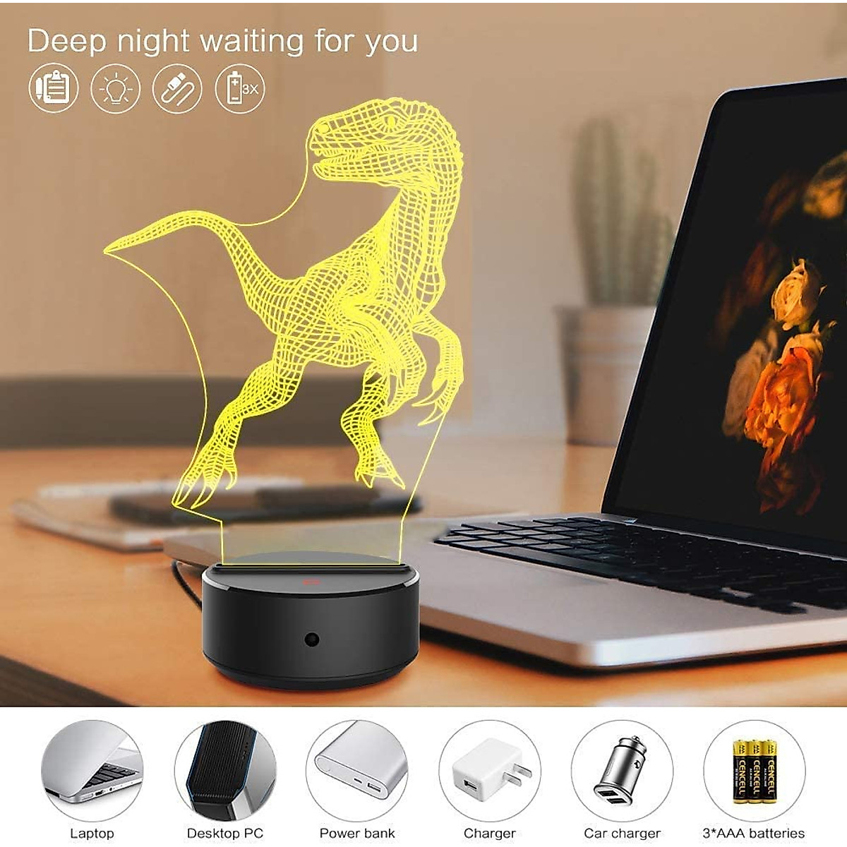 AmazeFan Dinosaur Night Light for Kids-3D Bedside Lamp 16 Colors Change Remote Control with 2 Acrylic Flats Best Christmas Birthday Gifts for Boys Girls Kids Baby (2 Dinosaurs)