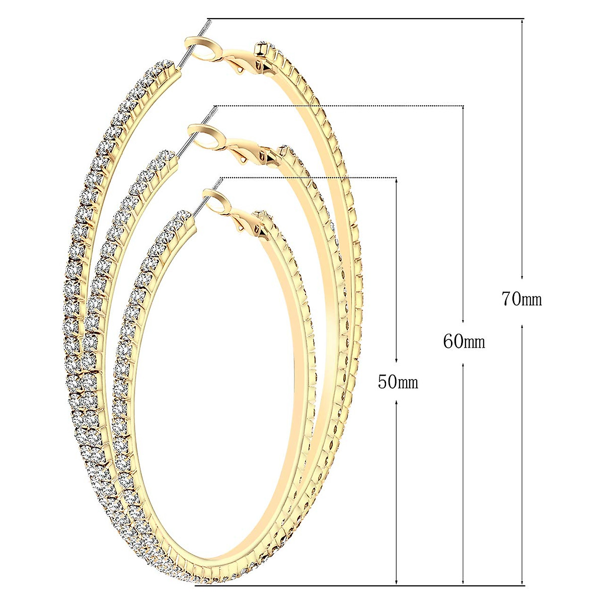NLCAC 14K Gold Plated Big Hoop Earrings-3 Pairs Gold Hoops Crystal Rhinestone Hoop Earrings Set 50mm 60mm 70mm (Gold)
