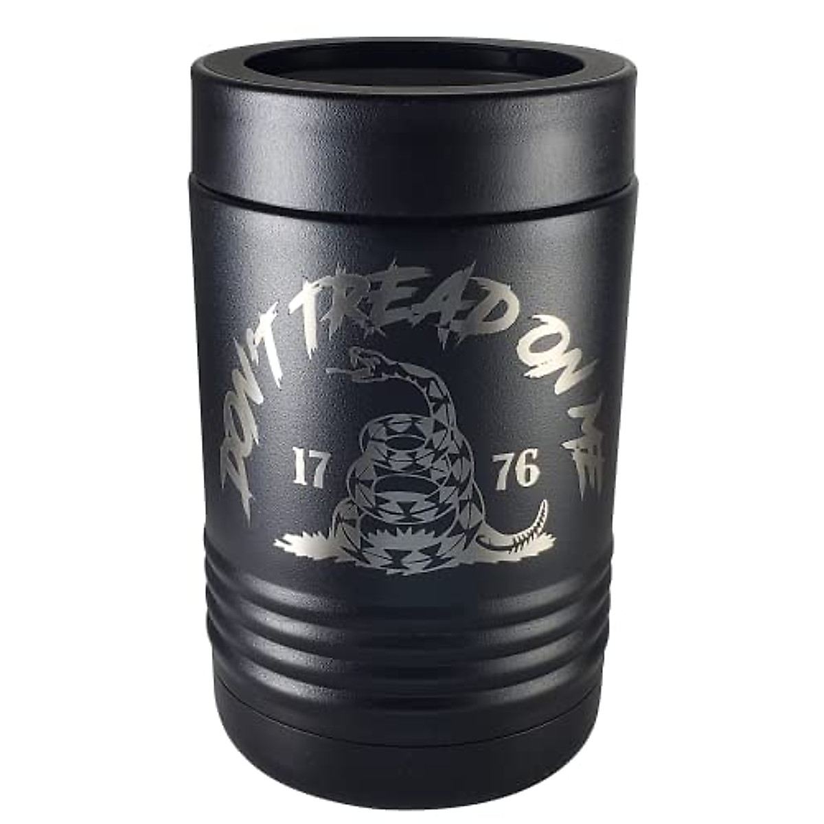 Gadsden Flag Don't Tread On Me - DTOM Double Walled Stainless Steel Insulated Can Cooler – Holds 12 or 16 oz Cans or 12 oz Bottles - Two-Sided Engraving - Includes USA Flag Sticker (Gadsden Flag)