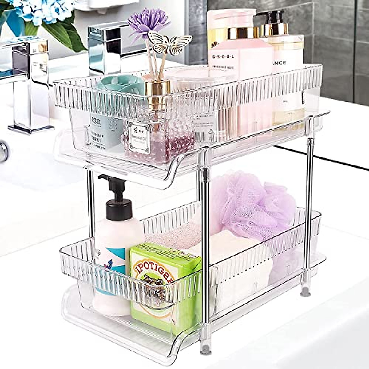 2 Tier Clear Pull Out Organizers and Storage - Snack Organization for Pantry w Lids/Dividers, Slide-Out Under Sink Organizer for Bathroom and Kitchen, Cabinet/Countertop Acrylic Drawers Medicine Bins