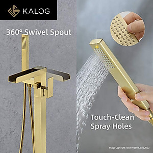 KALOG Waterfall Model Single Handle Freestanding Tub Filler Floor Mount Bathtub Faucet with Square Handheld Shower (Brushed Gold-D)