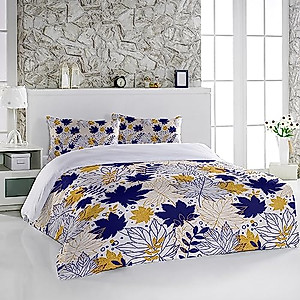 Aesthetic Maple Leaf Twin Duvet Covers Dark Blue Yellow Lines Fall Leaves 3-Piece Bedding Sets Luxury Soft Microfiber Bed Comforter Protector with Pillow Cases for Women Men Girl Boy Wave Points