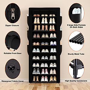 OYREL Large Shoe Rack, Black, 6 Side Pockets, 23.6" Wide x 11.4" Deep x 68.9" Tall, 36-41 Pairs of Shoes