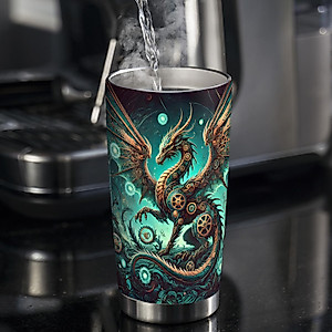 64HYDRO 20oz Steampunk Mechanical Dragon Tumbler, Engineer Mechanic Dragons, Gaming, Gamers Gifts for Dragon Lovers, Stainless Steel Double Wall Vacuum Insulated Coffee Mug, Travel Cup with Lid