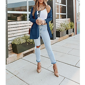 MEROKEETY Women's Soft Waffle Knit Cardigans Long Sleeve Open Front Loose Fall Sweater with Pockets,Teal,XL