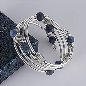 PEARL&CLUB Beaded Chakra Bangle Turquoise Bracelet - Fashion Jewelry Wrap Bracelet with Thick Silver Metal and Mala Beads, Birthday Gifts For Women (63-Navy Blue)