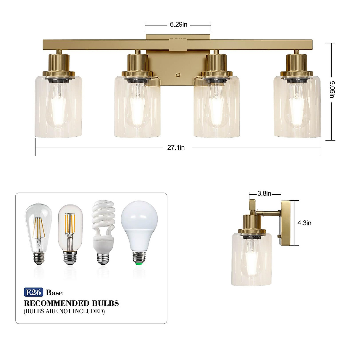 DIKAIDA Bathroom Vanity Light, 4-Light Modern Matte Gold Wall Sconce Lighting with Clear Glass Shade, Black Wall Lights,Bath Vintage Wall Mounted Lamps for Mirror Bedroom Living Room