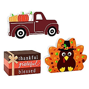 Thanksgiving Wooden Decor - 5 PCS Faux Decorative Book Stack & Turkey Truck Table Signs, Fall Tiered Tray Decor for Farmhouse Autumn Harvest Thanksgiving Decorations