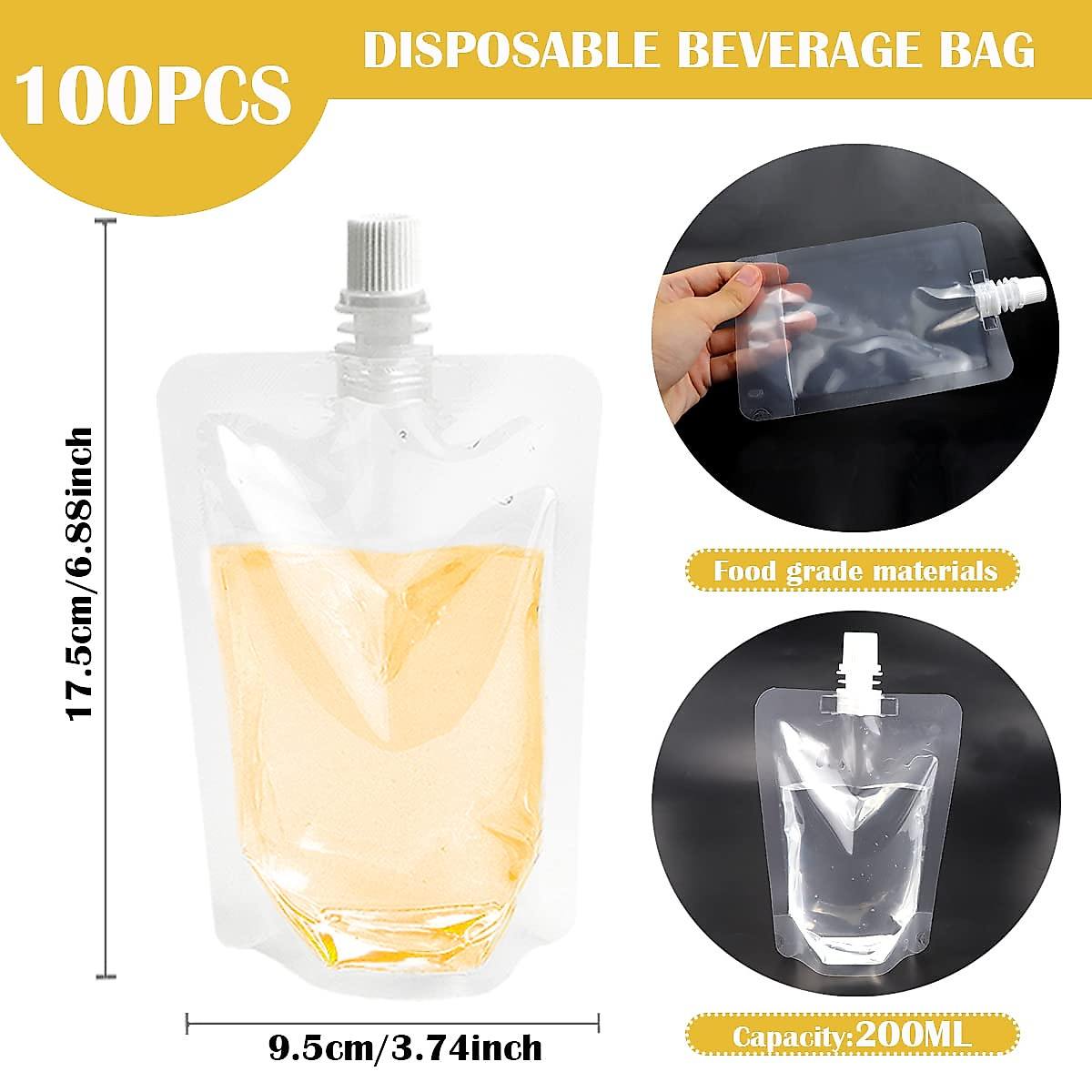 DOERDO 100 Pcs Drink Pouches Bags Juice Bags Flasks Clear Stand up Drink Container for Coffee Water Beer Juice Milk, 200ml/6.8oz