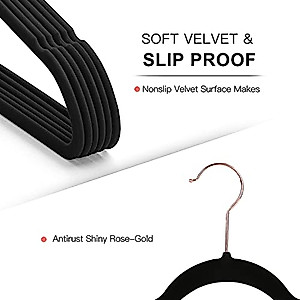 Ollnoos Velvet Clothes Hangers Space-Saving: Rose Gold Swivel Hooks Black Felt Hanger 30-Pack | Slim Hangers Non-Slip Ultra-Thin & Durable Closet Organizer for Coat Shirt Skirt Pants Shorts