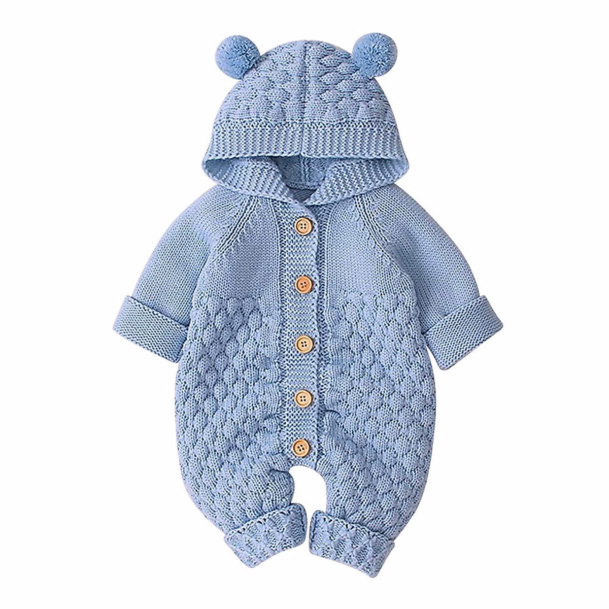Toddler Baby Boy Girls Cartoon Bear Winter Hooded Jumpsuit Cotton Knitted Sweater Romper Long Sleeve Breasted Bodysuit Knitwear Hoodie Warm Button Coat Overalls Birthday Outfit Light Blue 0-6 Months