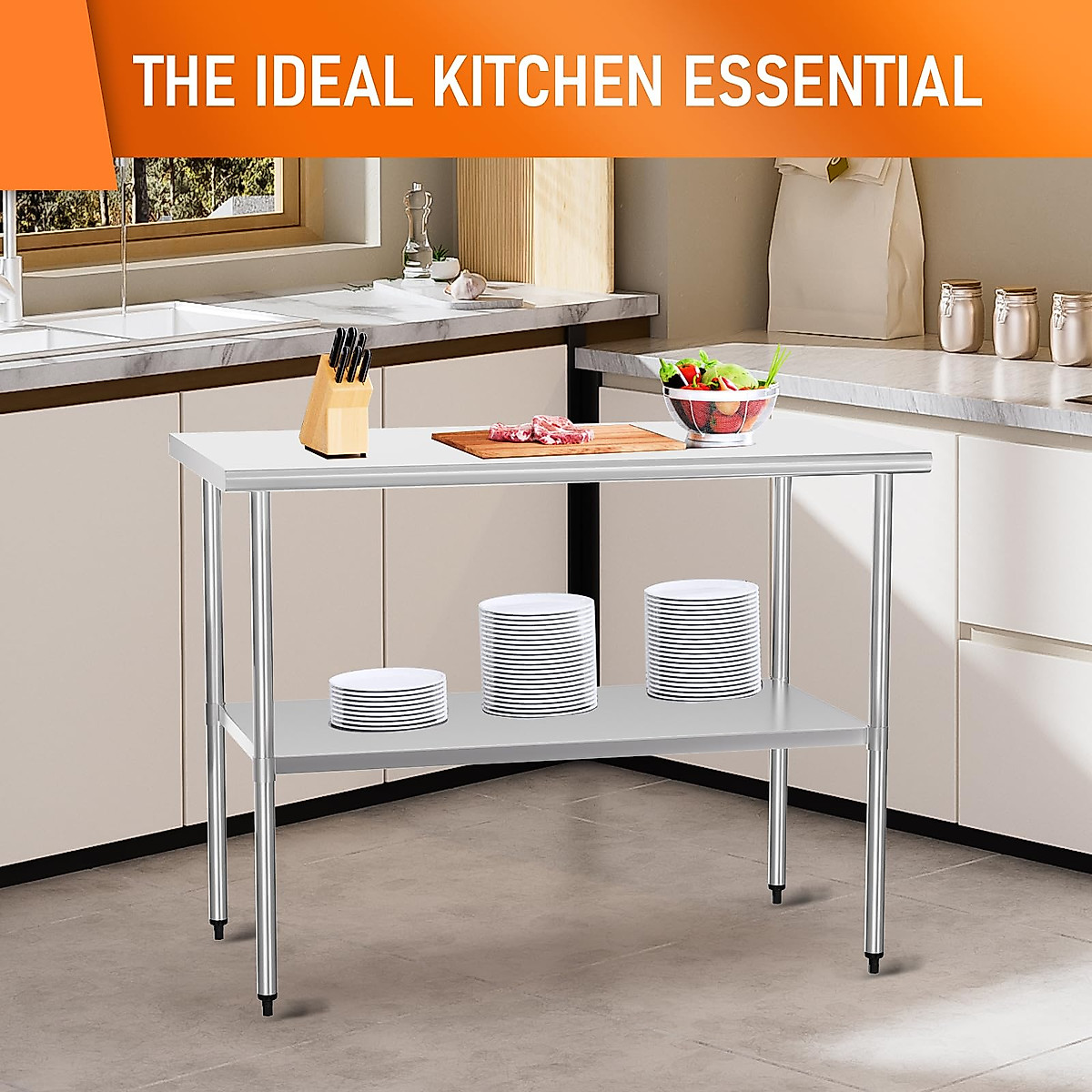 HOCCOT Stainless Steel Table for Prep & Work 24" X 48" inches with Adjustable Shelf, Commercial Workstations, Utility Table in Kitchen Garage Laundry Room Outdoor BBQ