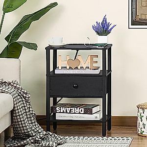 Lerliuo Nightstand with Charging Station and USB Ports, 3-Tier Storage End Table with Drawer Shelf, Night Stand for Small Spaces, Wood Bedside Table for Living Room, Bedroom - Classic Black