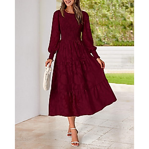 BTFBM Casual Women's 2025 Fall Dresses Elegant Wedding Guest Dress Long Sleeve Floral Midi Dress Flowy Bohemian Long Dress(Wine Red,Large)