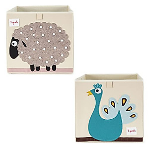 3 Sprouts Children's Large 13 Inch Foldable Fabric Storage Cube Box Polka Dot Sheep Toy Bin with Blue Peacock Toy Bin