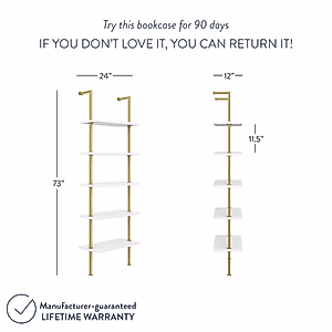 Nathan James Theo 5-Shelf Modern Bookcase, Open Wall Mount Ladder Bookshelf with Industrial Metal Frame, White/Gold