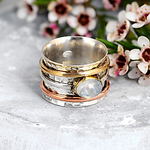 Boho-Magic 925 Sterling Silver Spinner Moonstone Ring for Women with Copper and Brass Fidget Rings Bands (7)