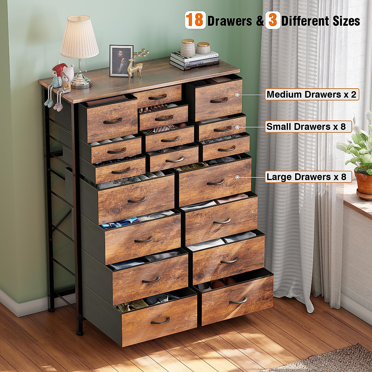 Lulive 18 Drawer Dresser, Tall Dressers for Bedroom, Large Capacity Fabric Dresser & Chest of Drawers for Hallway, Entryway, Closet, Living Room (Rustic Brown)
