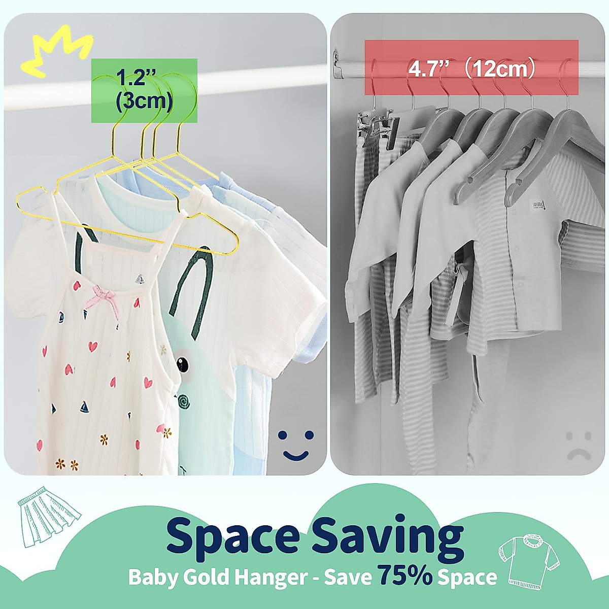 SPECILITE 11.8'' Gold Kids Baby Hangers 30 Pack, Strong Metal Wire Baby Clothes Hangers for Closet, Space Saving Childrens Hangers for Toddler Clothes, Cute Infant Hanger