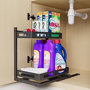 PUNMEYCOOL Under Sink Organizers and Storage, Under Bathroom Cabinet Organizer, Durable Metal 2 Tier Sliding Storage, Anti-Tipping Storage Multi-Purpose Organizer for Bathroom Kitchen Drawer