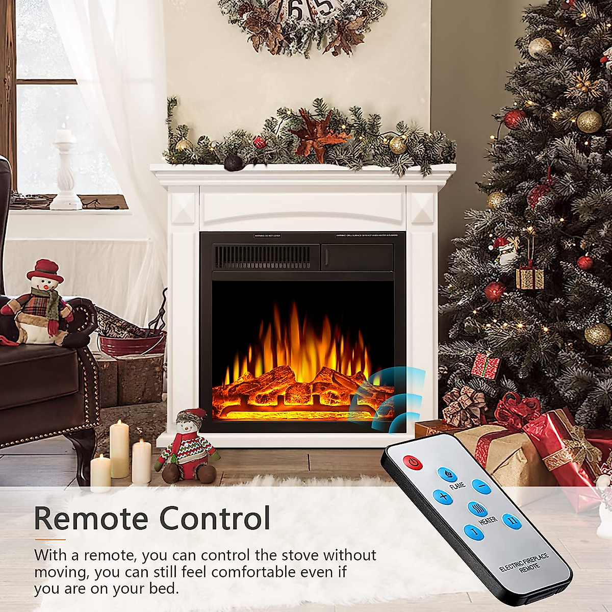 Antarctic Star Electric Fireplace with Mantel, Freestanding Wooden Frame Firebox, Adjustable Realistic 3D Flame, Remote Control, 750W-1500W, Ivory White…