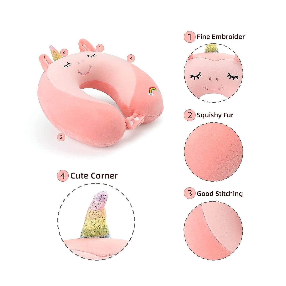 Niuniu Daddy Neck Pillow for Traveling, Pure Memory Foam Travel Neck Support Pillows for Airplane, Car Headrest Sleep - Age 8+ Children Kids Including Adults - Unicorn Travel Pillow