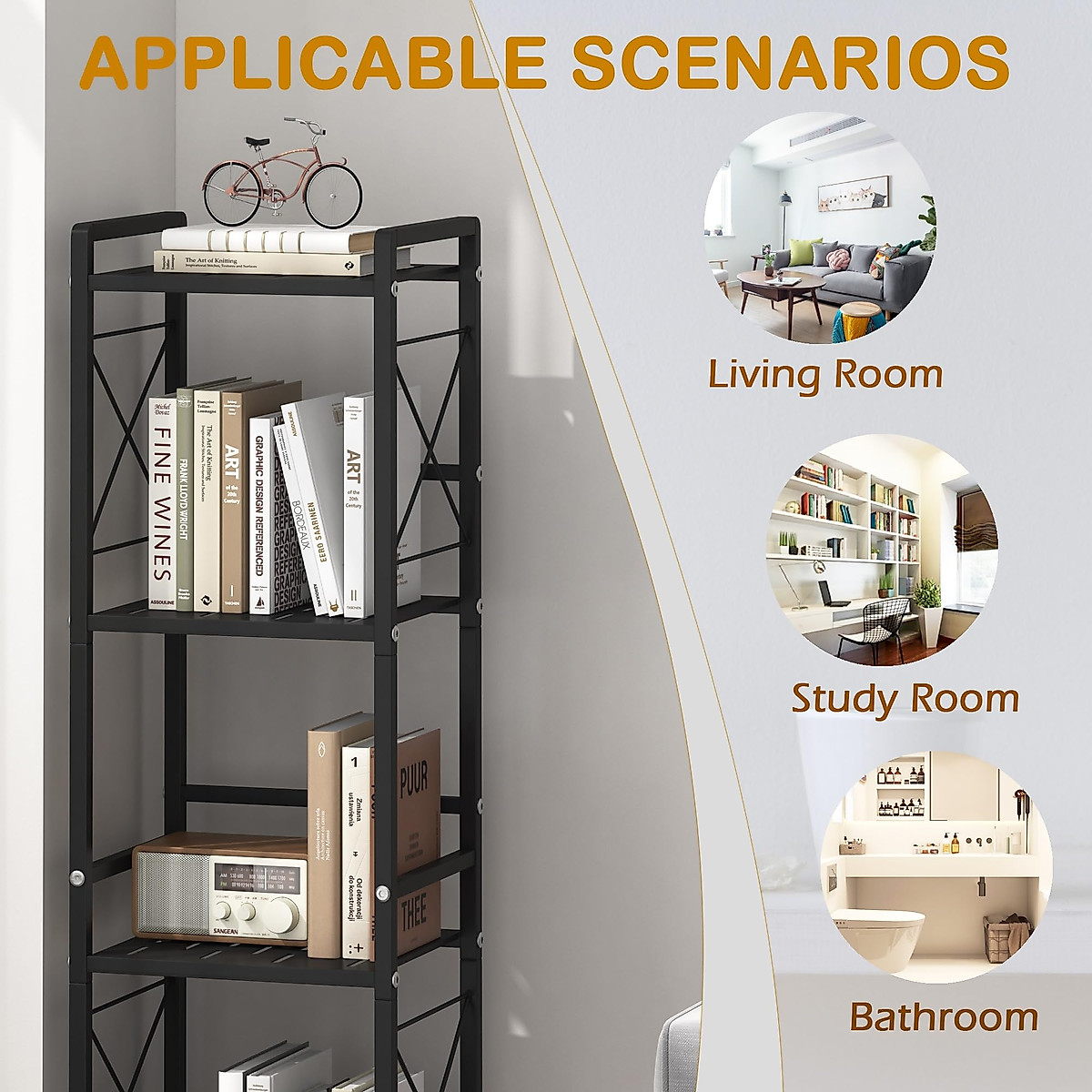 JSB 4 Tier Metal Bookshelf Bathroom Storage Standing Shelf Unit Kitchen Storage Organizer Display Rack Bookcases Shelves for Living Room, Bedroom, Office (Black, 4 Tier)