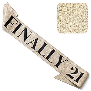 CORRURE 'Finally 21' Birthday Sash With Glitter - Gold Sash with Black Foil 21st Birthday Sash for Men and Women - Ideal Twenty One Sash Party Favors Supplies and Decorations for Your 21 Bday Party