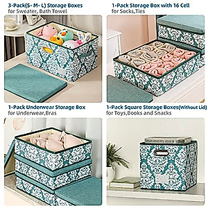 SEEKIND Storage Box, Decorative Storage Bins with Lid,6 in 1 Set,with Handles,Foldable for Space Saving Storage Boxes,for Bras,Clothes, Cosmetic,Blankets (Turquoise)