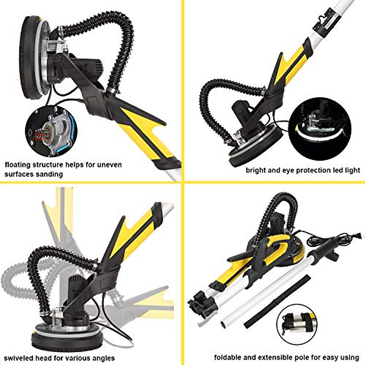Drywall Sander with Vacuum, Labor-Saving Handle and Unique Fixture for Ceiling Sanding, Electric Drywall Sander with LED Light, ETL Listed, CUBEWAY