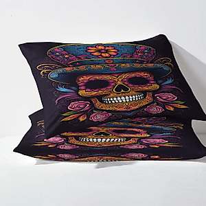 Day of The Dead Sheets Full Size, Mexican Skull Bed Sheets, Patterned Bedding Sheets & Pillowcases 4 Piece Set - Soft Microfiber Deep Pocket Fitted Sheet & Flat Sheet & 2 Pillow Cases L5-&-263