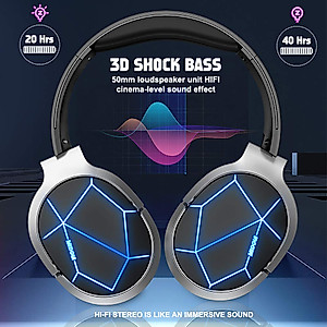 MIDOLA Headphone Bluetooth 5.0 Wireless LED Light DJ Over-Ear Foldable w/Mic Hi-Fi Audio, Deep Bass, Soft Protein Ear Cups 30-35H Playtime for Travel Home Office Cellphone Pad Notebook Black