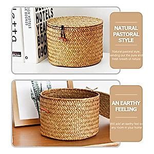 Decorative Wicker Storage Bins with Lids Woven Rattan Seagrass Storage Basket Round Household Organizer Boxes for Organizing Shelves Bathroom Bedroom