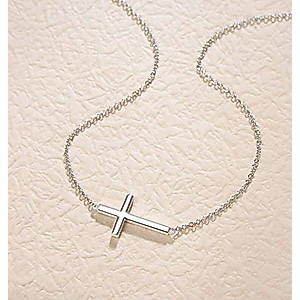 FANCIME White Gold Plated 925 Sterling Silver High Polished Horizontal Plain Sideways Cross Crucifix Pendant Necklace Fine Jewelry Gift For Women, 16" + 2" Extender
