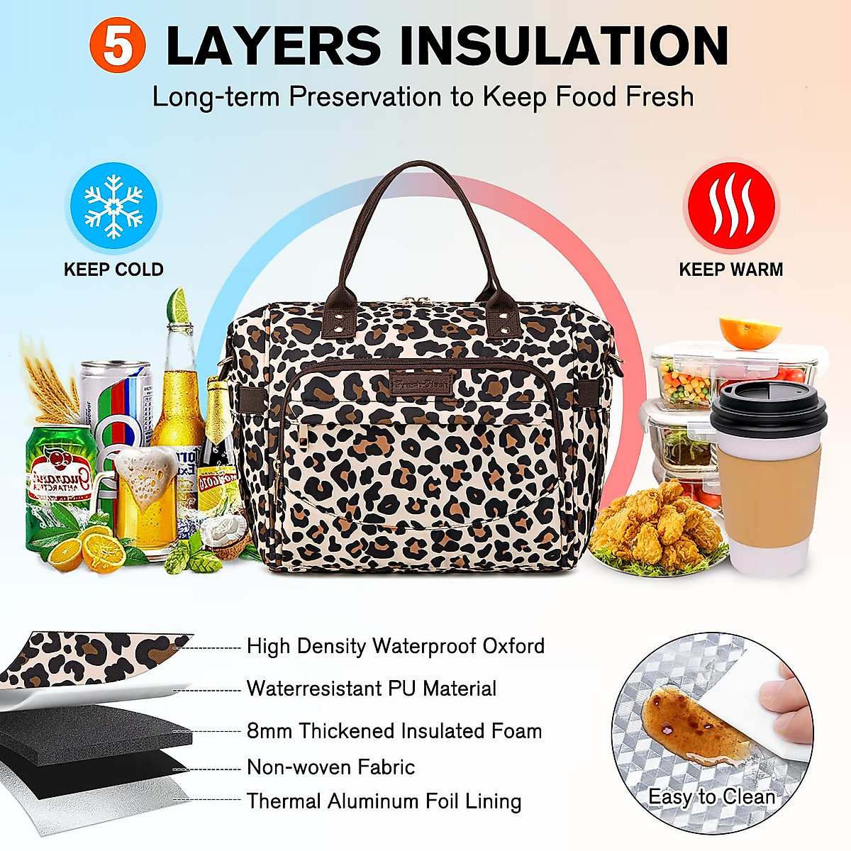 Fresh-flash Insulated Lunch Bag for Women Work, Leakproof Lunch Box Tote Bag, Wide Open Lunch Cooler Tote, Women Lunch Bags with Removable Shoulder Strap & Side Pockets-Leopard