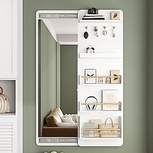 ECACAD 2 in 1 Full Length Mirror Wall Mounted with Shelves, Full Body Dressing Mirror, Versatile Coat Rack with Sliding Mirror for Entryway, Bedroom, White (15.7"-30.5" x 47.2")