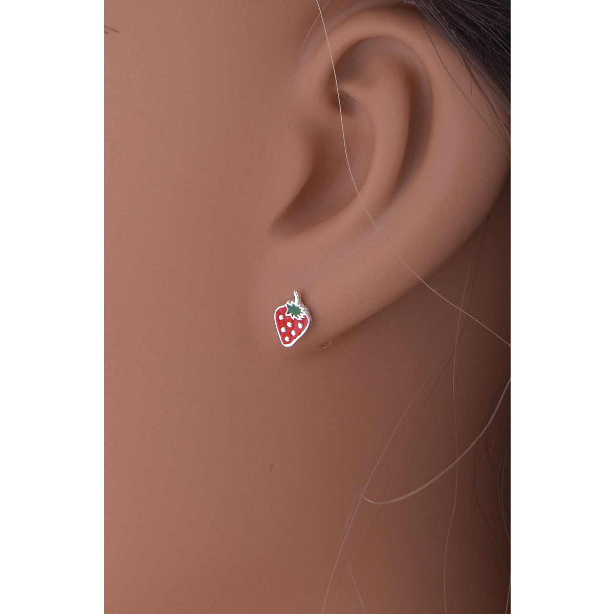 Sterling Silver Small Womens Fruit Red Strawberry Push Back Stud Earrings - Fruit Gifrts For Ladies Mom Wife 0.31in