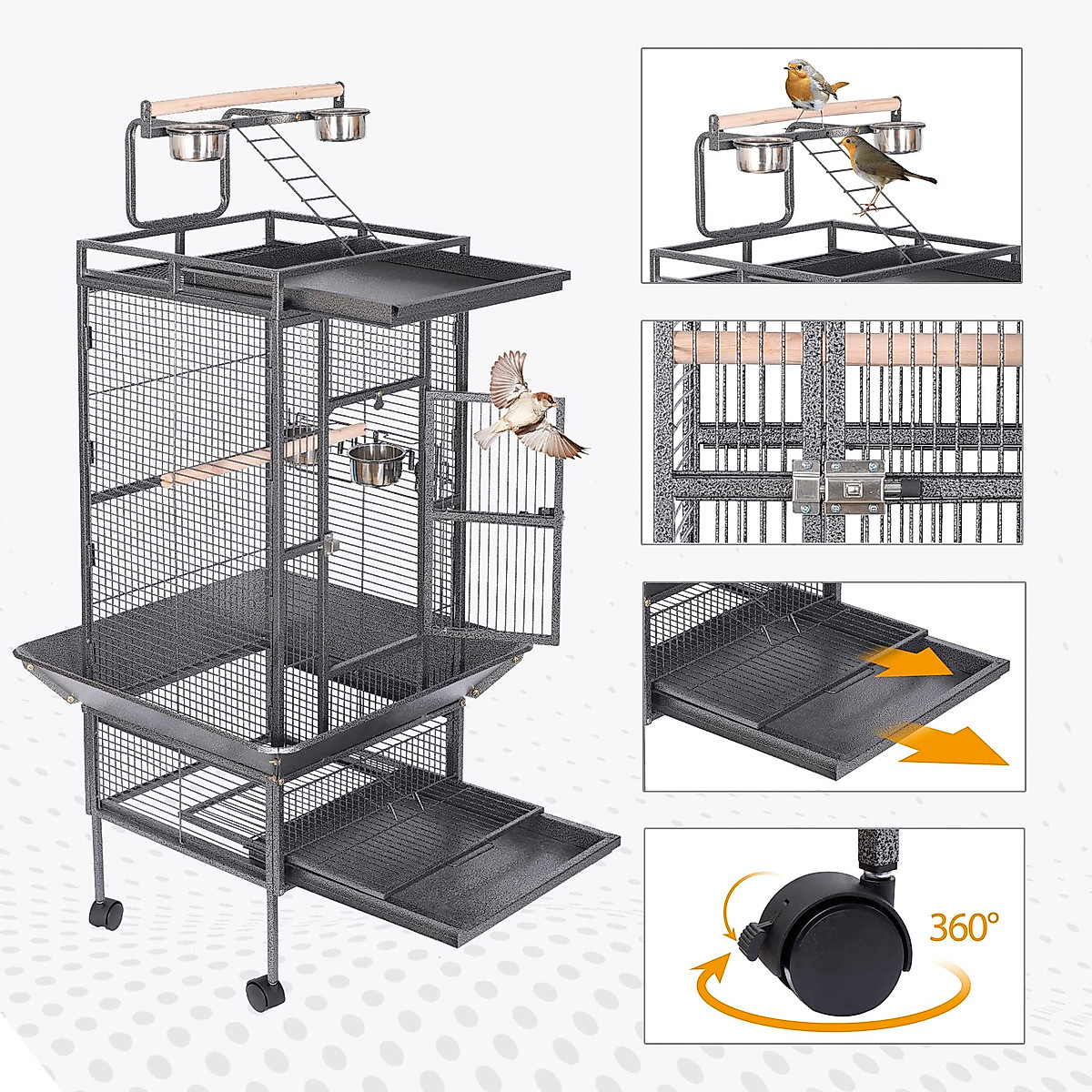 HSM 63 Inch Wrought Iron Large Bird Flight Cage with Rolling Stand for African Grey Parrot Cockatiel Sun Parakeet Conure Lovebird Canary…