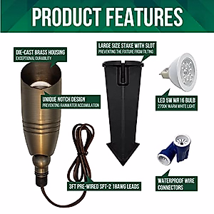 GKOLED UL Listed Solid Brass Landscape Spotlight, Low Voltage Outdoor Directional Uplight, with 5W MR16 LED Bulb & Large Rugged Slot Spike, 12V AC/DC Garden Patio Spot Up Light