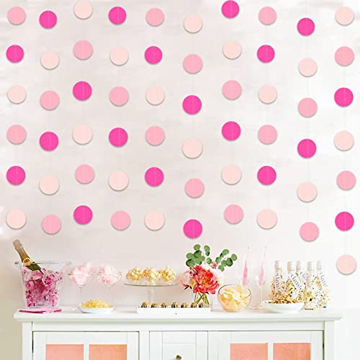 Zwiebeco 52Ft Pink Circle Dots Garland Paper Dot Bunting Banner Hanging Polka Dot Streamers for Baby Shower Birthday Engagement Wedding Bridal Shower Hen Tea Party Nursery Kids Room Home Decorations