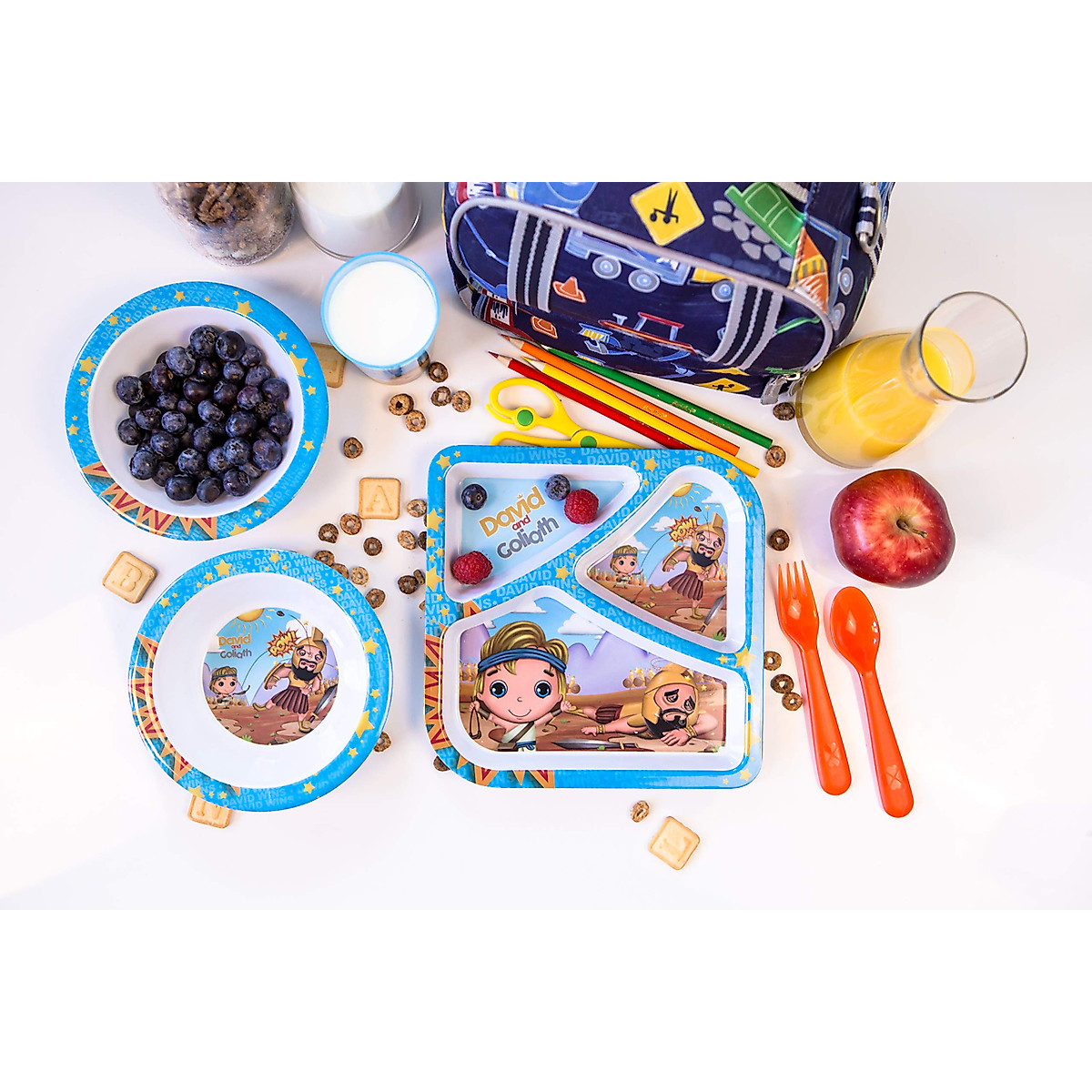 He Loves Me Kids Feeding David and Goliath 3 Piece Sets Toddler Dishes Multicolor, BPA Free, Kids Dinnerware Includes Round Bowl, Divided Plate and Children’s Cup Gift for Birthdays & Graduations