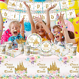 Dydamud Princess Castle Birthday Party Decoration, Once Upon a Time Pink Floral Tableware Include Princess Party Plates and Napkin Sets for Girls Birthday Party, Baby Shower
