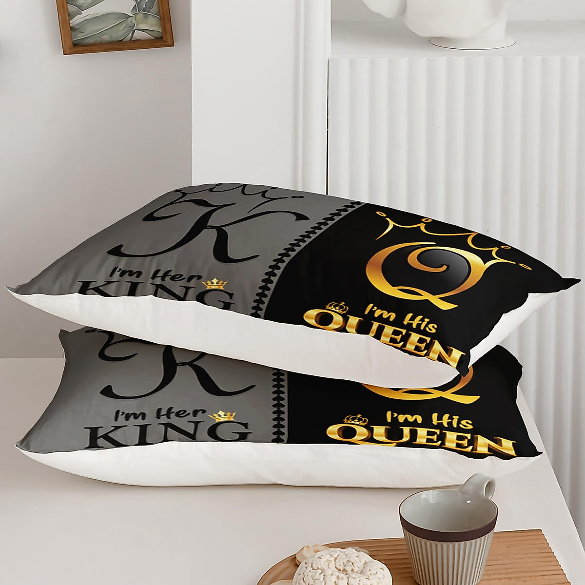AILONEN Grey and Black Duvet Cover Set Queen Size, K and Q Printed Crown Couple Bedding Set Gifts,3 Piece His Her Themed Lightweight Microfiber Comforter Cover with 2 Pillowcases