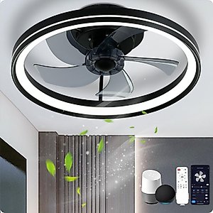 YeetFerret Smart Ceiling Fans with Light Compatible with Alexa and Google Assistant,Bladeless Ceiling Fan with Light Flush Mount 3 Color LED 6 Speeds Low Profile Ceiling Fan