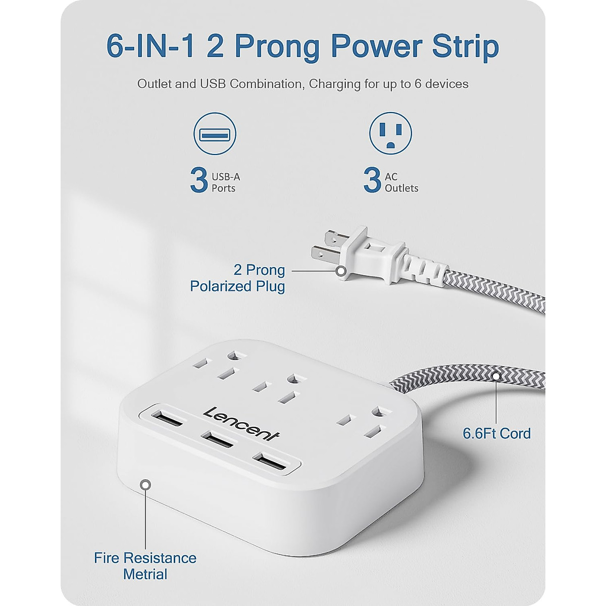 LENCENT 2 Prong Power Strip, 2 Prong to 3 Prong Outlet Adapter, 6.6 ft Braided Extension Cord with Polarized Plug, 3 AC Outlets & 3 USB(5V 3.4A Max), Wall Mountable, Ideal for Non-Grounded Outlets